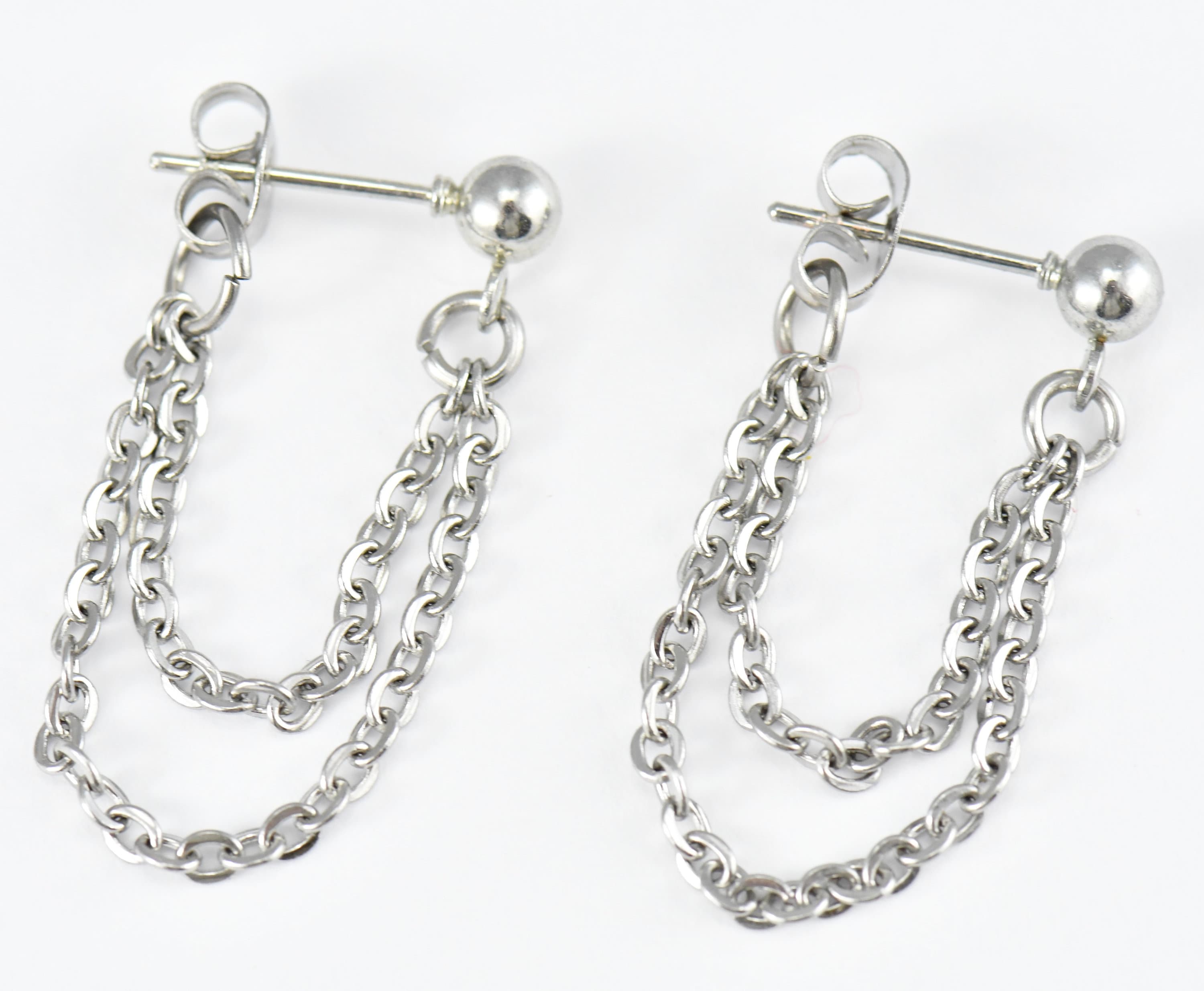Chain Earrings Front Back Earring Chain Stud Mens Earrings | Etsy