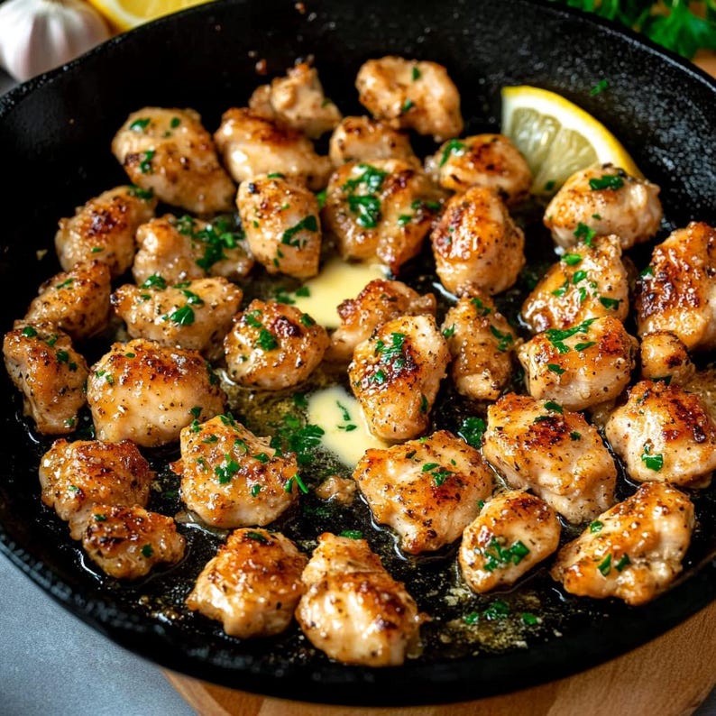 BEST RECIPE for Garlic Butter Chicken Bites | Printable Skillet Dinner ...