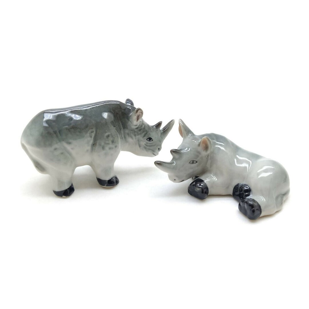 Set of 2 Rhinoceros Rhino Figurine Ceramic Animal Miniature Statue - Etsy