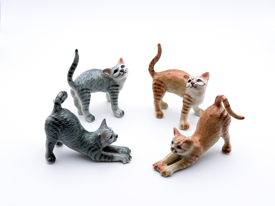 Ceramic Cat Figurines Set | Stretching Playful Cats | Hand-painted ...