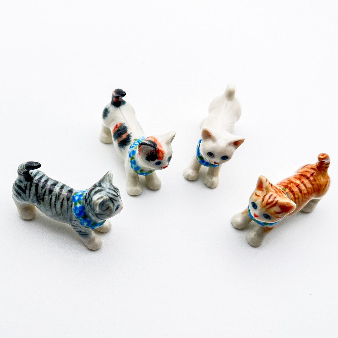 4 Tiny Miniature Tabby Cat Ceramic Figurines, Gift for Cat Owners, Cat ...
