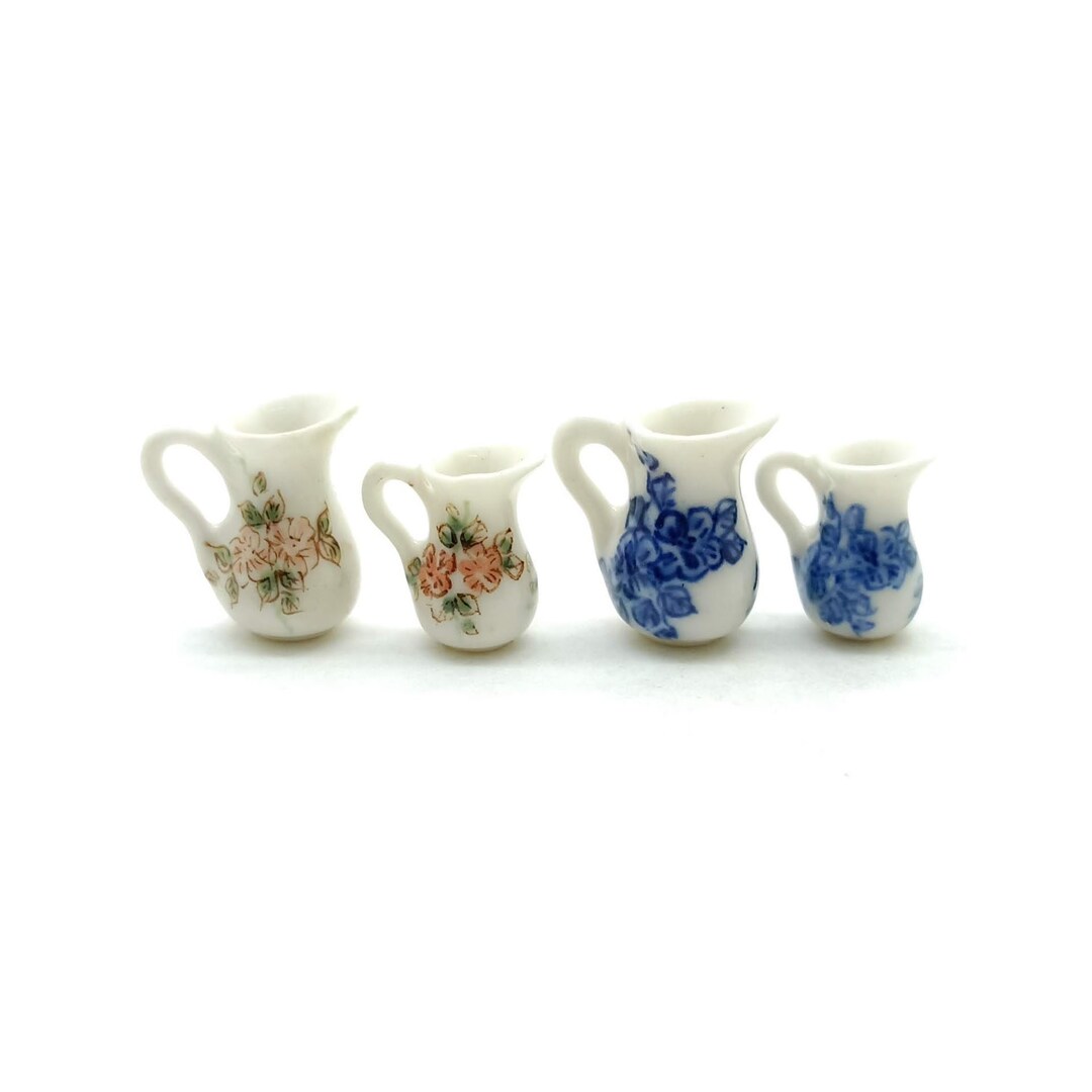 Ceramic Floral Miniature Water Pitcher Vase in White, Choice of Blue ...