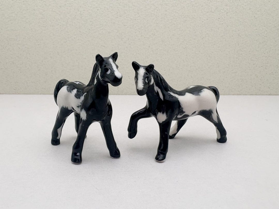 Black & White Ceramic Horse Figurines - Miniature Pinto Horses, Glossy ...