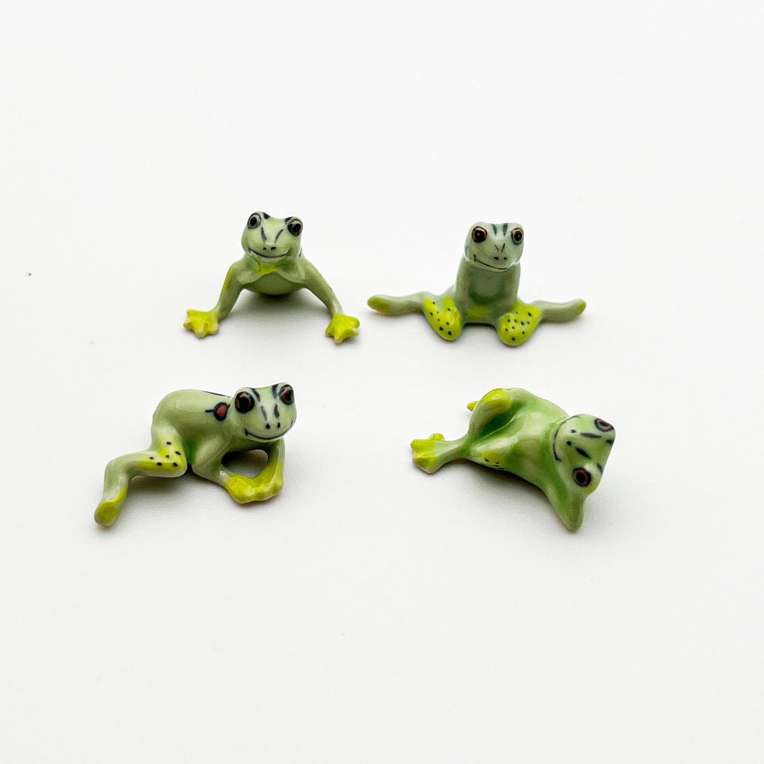 4 Tiny Green Frogs, Hand-painted Ceramic Figurines Treasure for Home ...