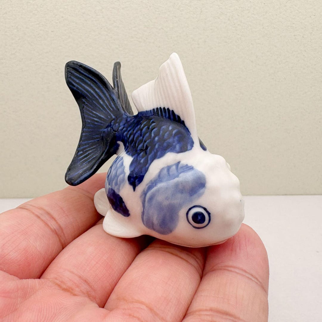 Blue & White Oranda Goldfish Ceramic Figurine - Etsy
