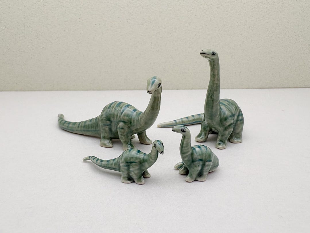 Handmade Ceramic Dinosaur Set – Brontosaurus Figurines With Baby Dinos ...