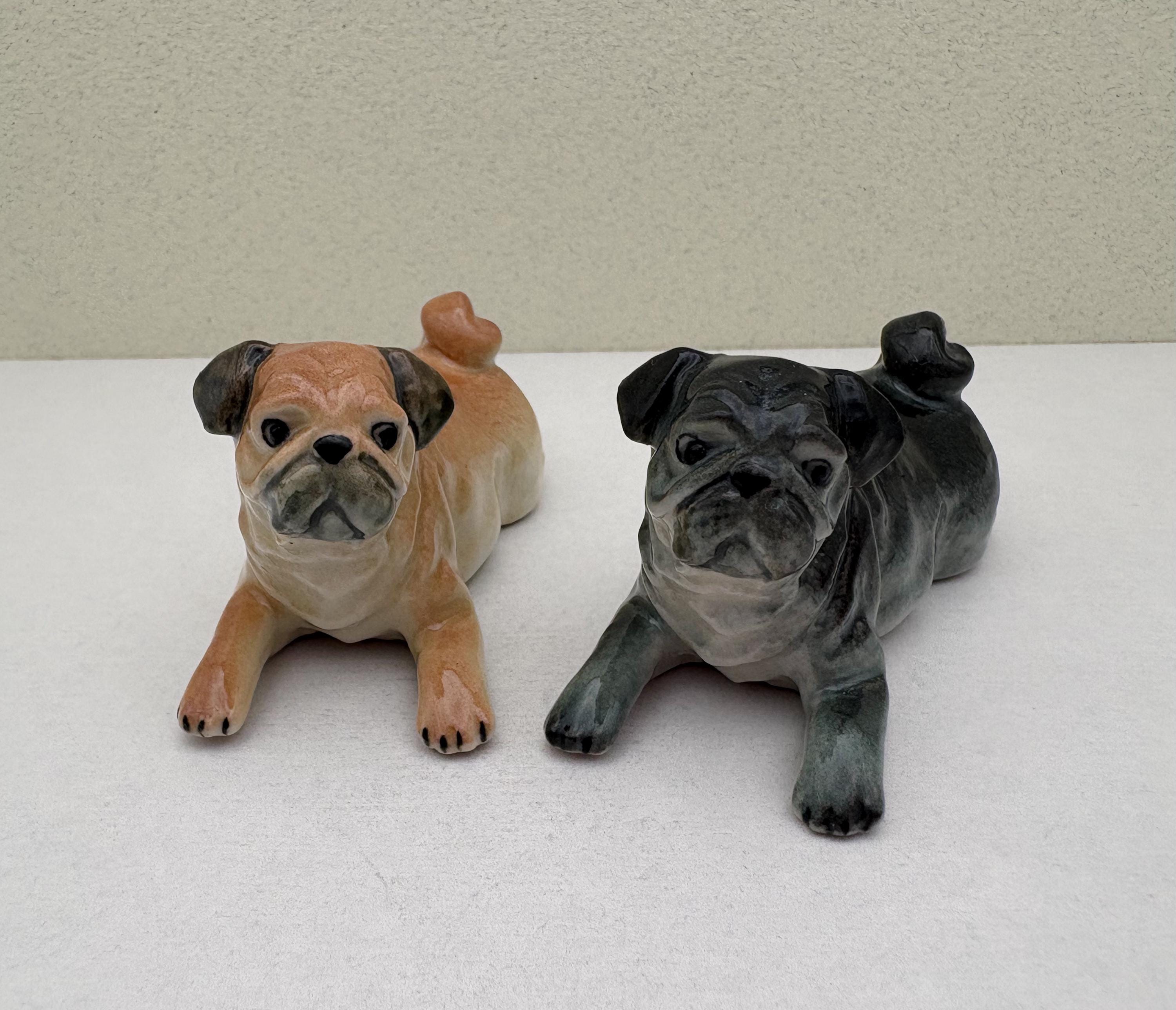 Ceramic Pug Figurine – Hand Painted Dog Miniature, Fawn or Black Puppy ...