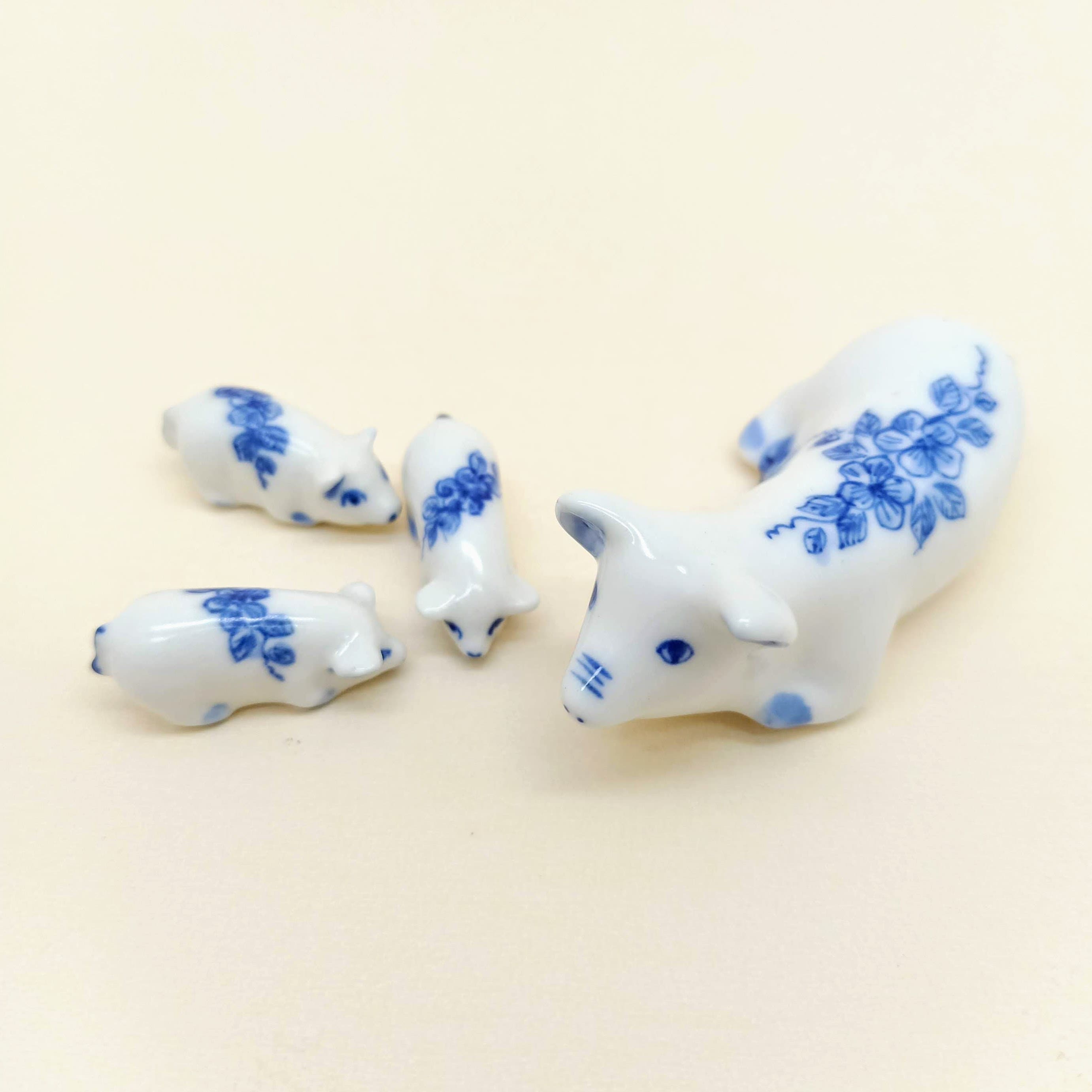 4 White Pigs Ceramic Figurines With Floral Pattern, Farm Animal ...