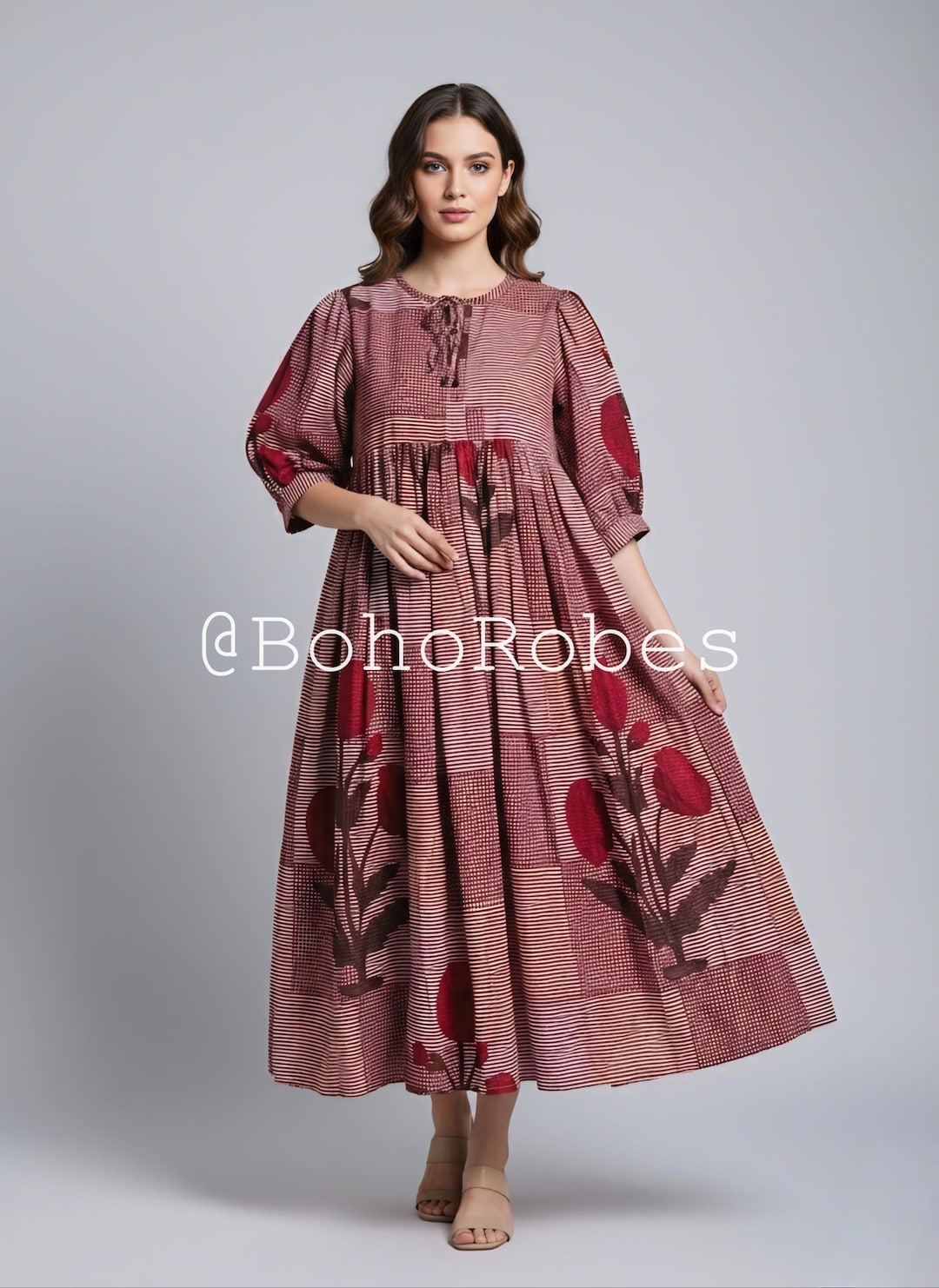New Boota Print Cotton Midi Dress: Bohemian Kyra Style Dress - Etsy