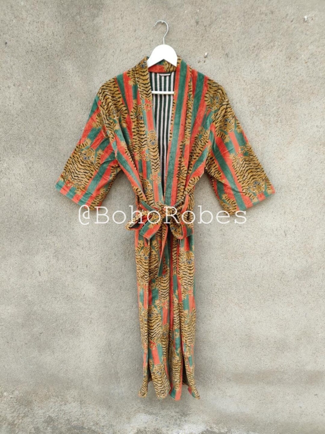 Green Tiger Print Velvet Kimono Robes, Morning Tea Velvet Coat ...