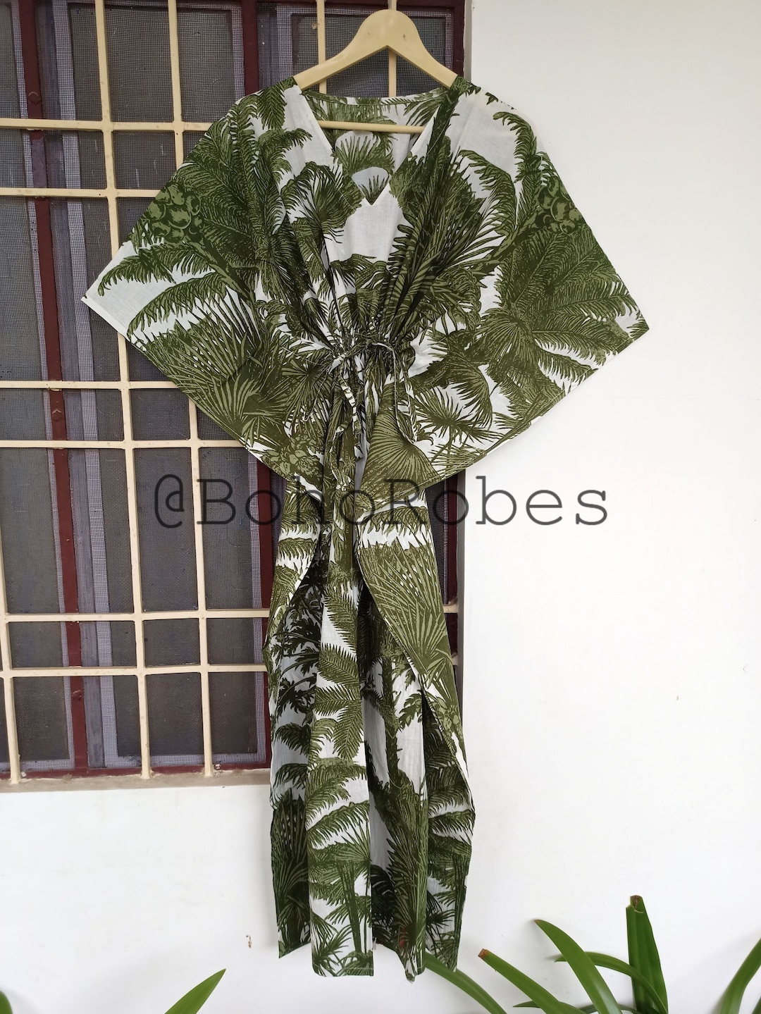 Tropical Green Cotton Kaftan Dress: Boho Beach Cover Up - Etsy