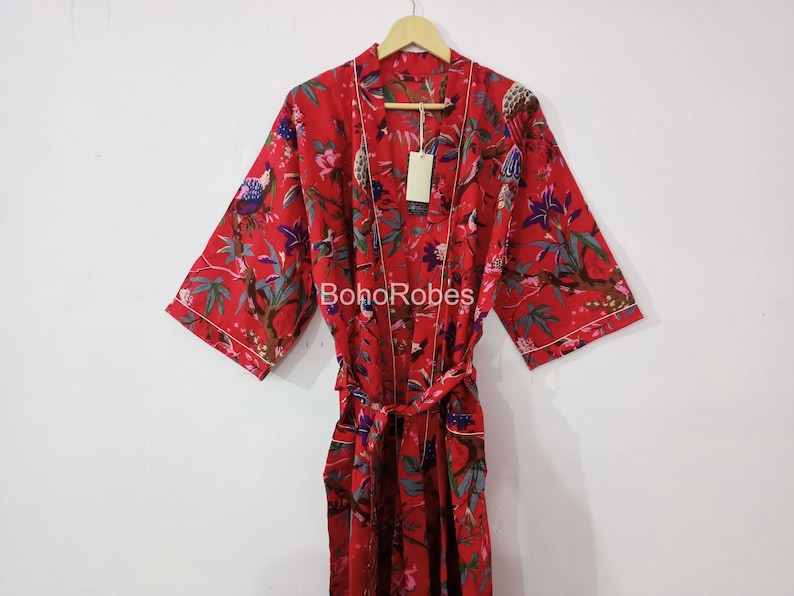 Ofmd Robe Red Bird Print Kimono Robe Bridesmaid Robe - Etsy