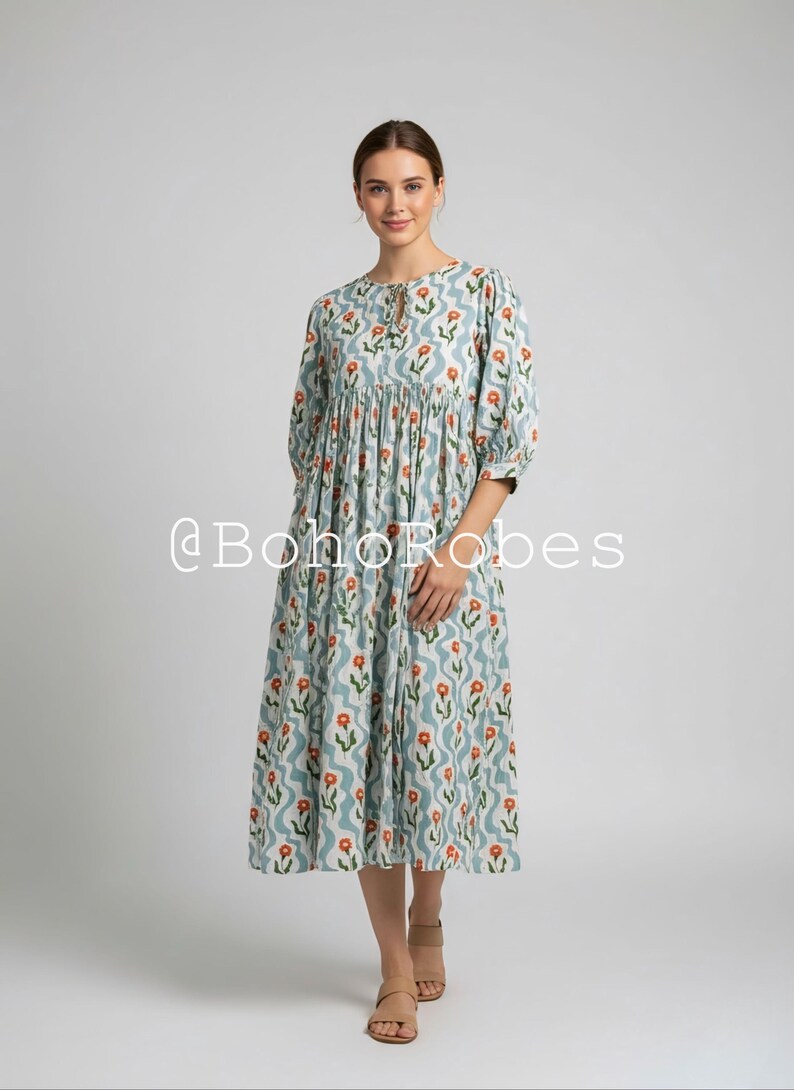 Floral Block Print Cotton Midi Dress: Bohemian String Closer - Etsy