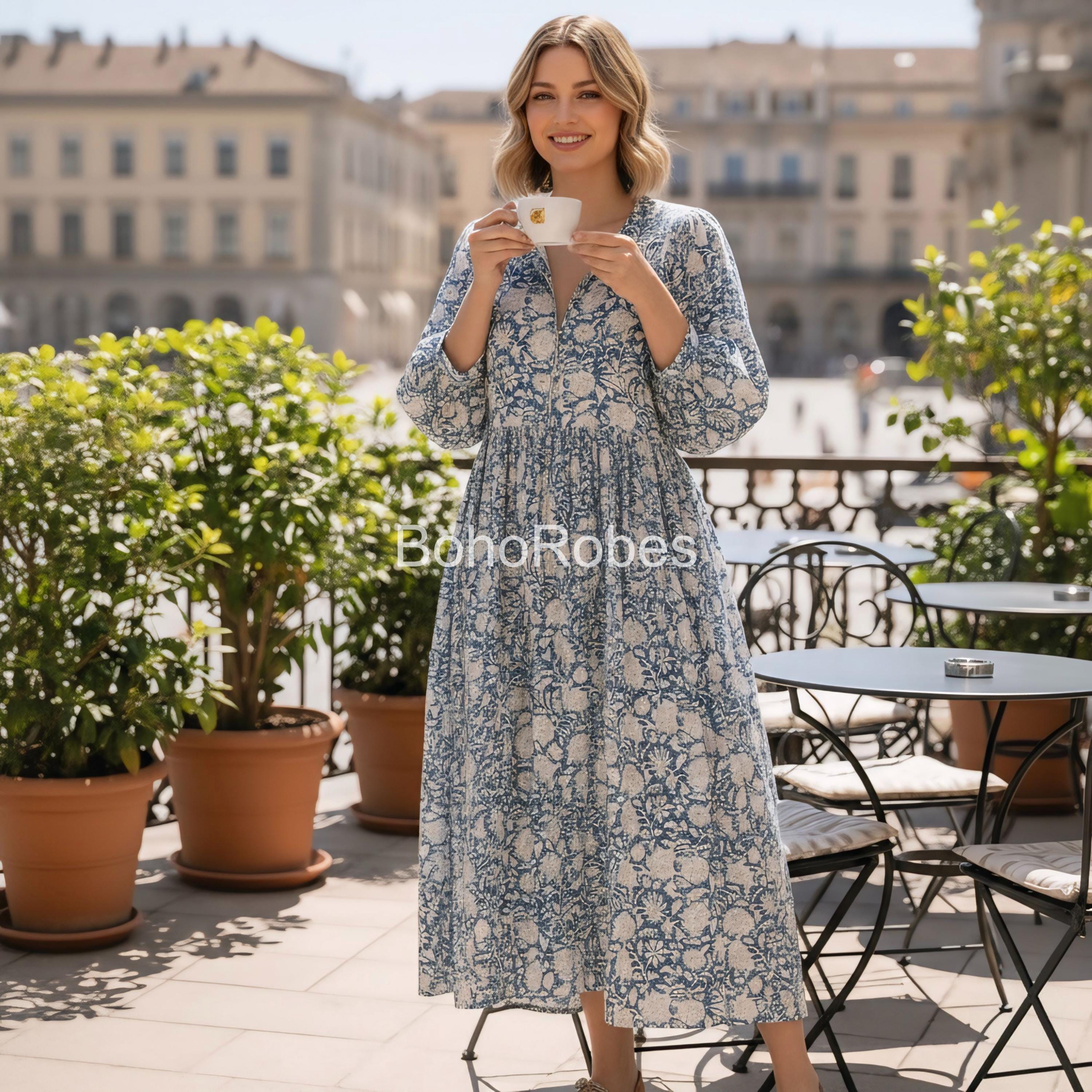 Block Print Cotton Gauze Midi Dress - Deep Neck String Closure - Etsy