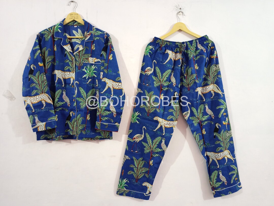 Blue Animal Print Pj Set, Cotton Pajama Set, Night Wear, Bridesmaid ...