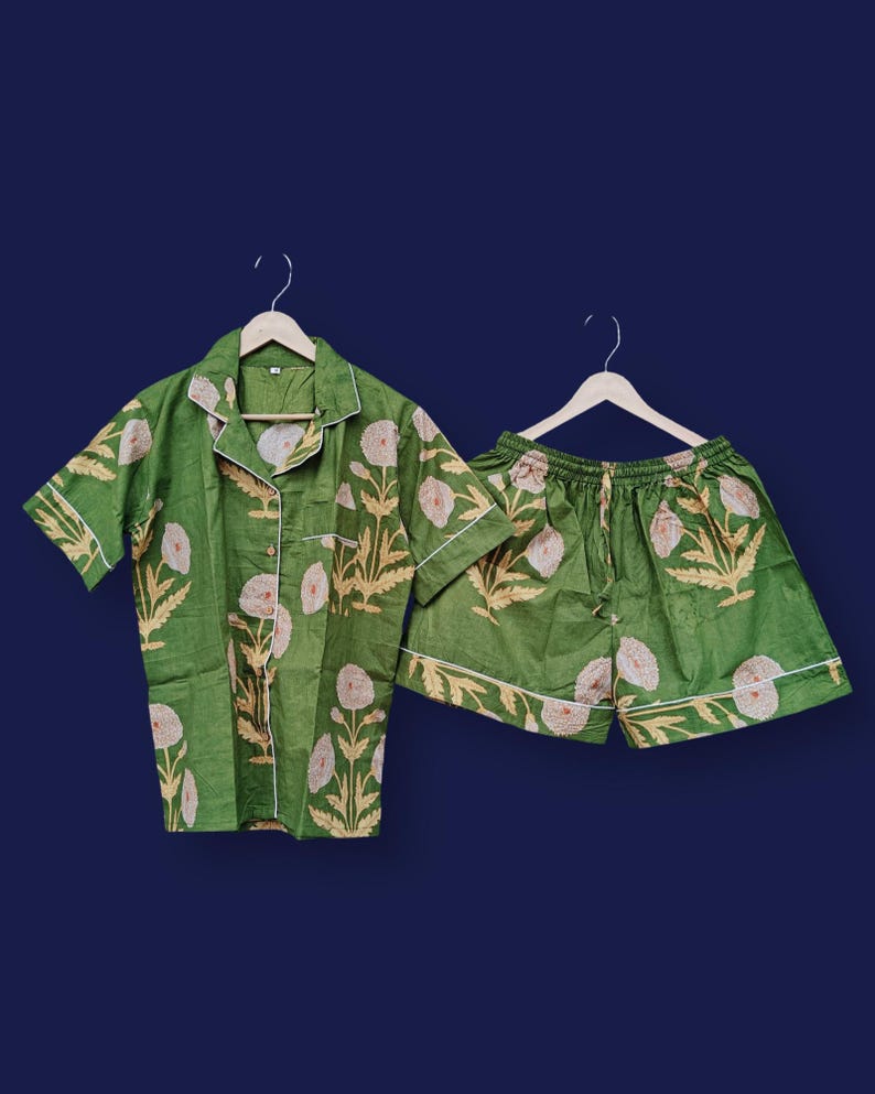 Floral Cotton Pajama Set: Handmade Block Print Short Set - Etsy UK