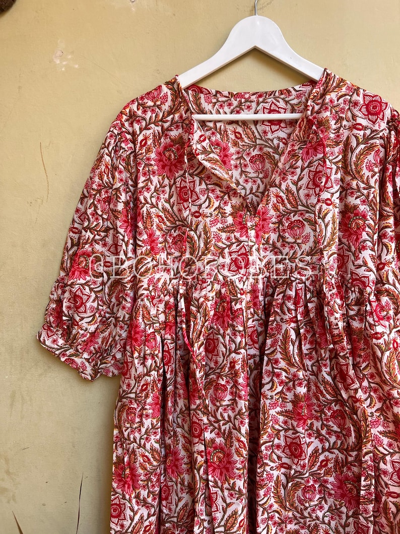 Floral Kyra Midi Dress, Hand Block Printed Summer Dress, Deep Neck With ...