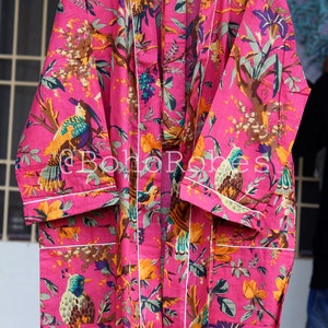 Pink Bird Ofmd Robe, Indian Soft Cotton Kimono, Bridesmaid Robe, Kimono ...