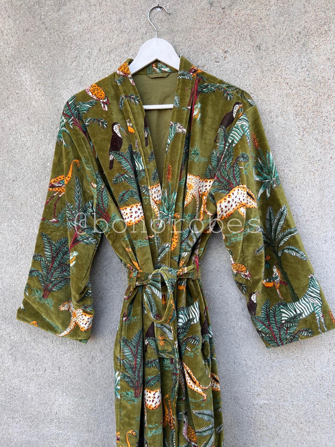 Green Jungle Print Velvet Kimono Robes, Morning Tea Velvet Coat ...