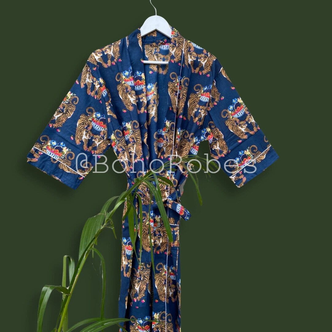 Navy Tiger Print Cotton Kimono Robe: Block Print Dressing Gown - Etsy