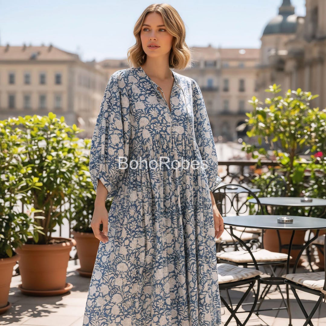 Block Print Cotton Gauze Midi Dress - Deep Neck String Closure - Etsy ...