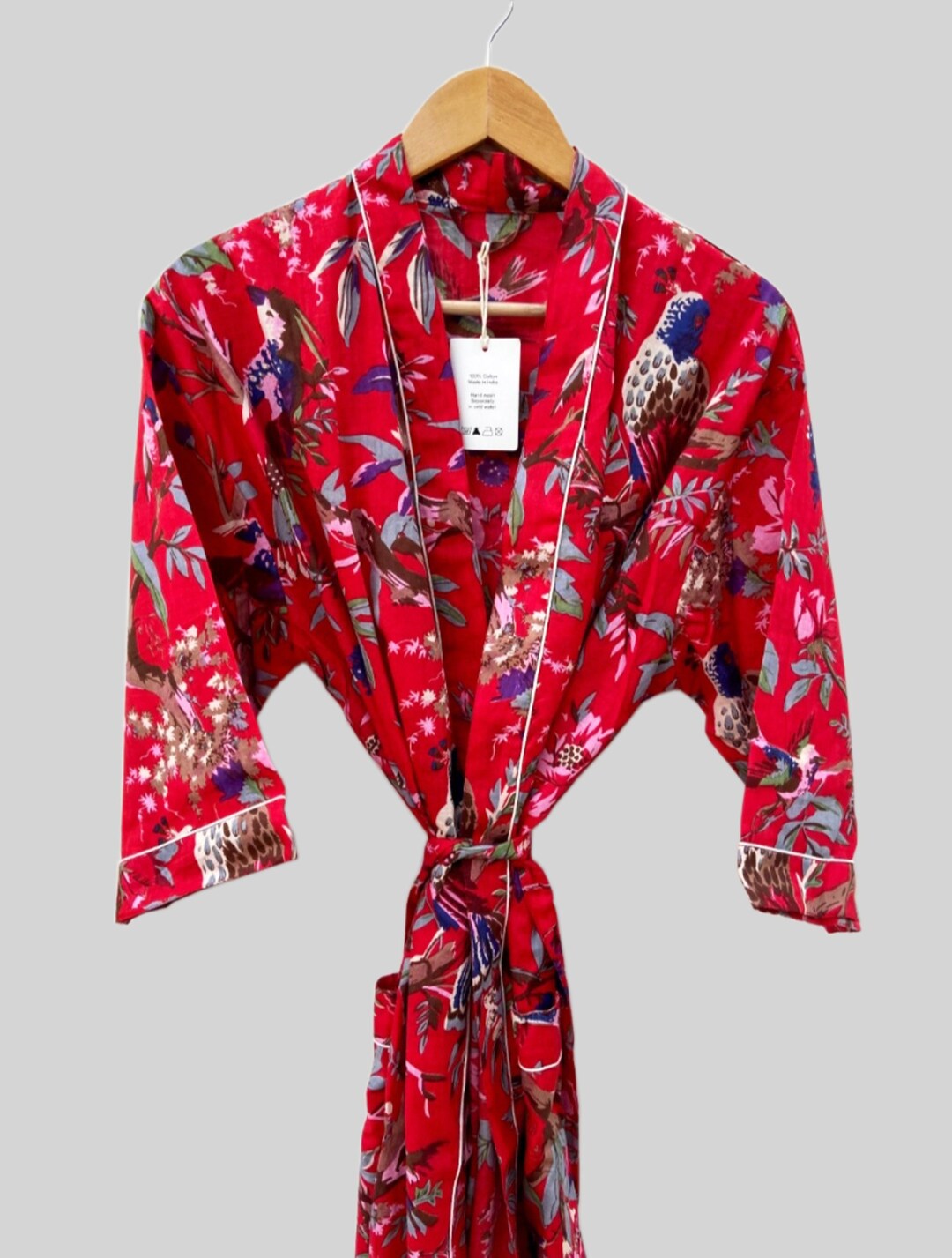 Red Bird Print Ofmd Robe, Breakup Robe, Cotton Kimono Robe, Bridal ...