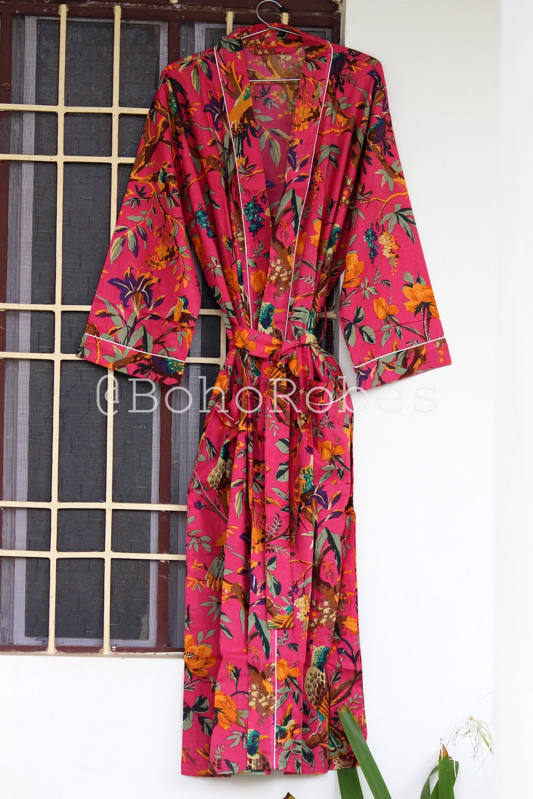 Pink Bird Ofmd Robe, Indian Soft Cotton Kimono, Bridesmaid Robe, Kimono ...