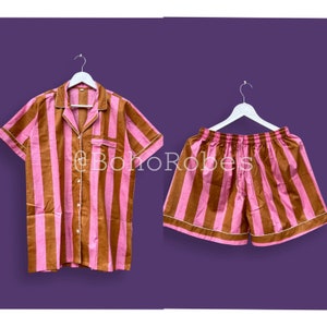 Red & Pink Stripe Cotton Short Pj Set, Bridesmaid Pajamas, Loungewear ...