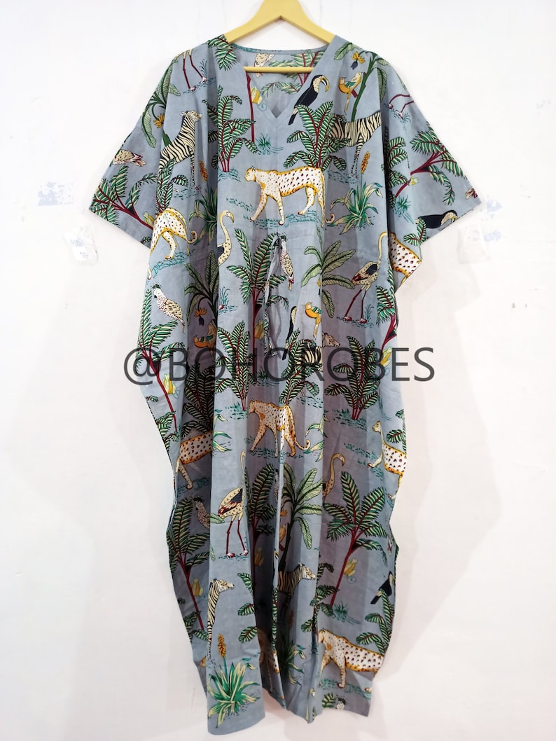 Animal Jungle Print Cotton Kaftan: Boho Maxi Dress, Lounge Wear - Etsy