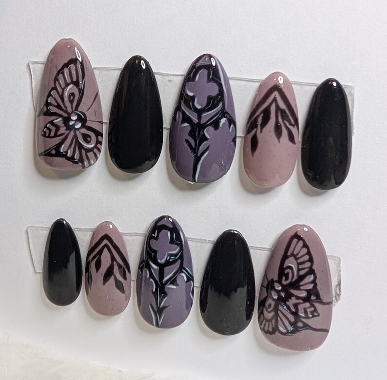 Gothic Moth Hand Painted Press on Nails | Fake Nails | Painted Reusable ...