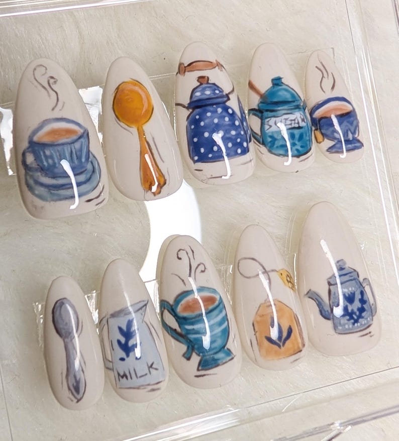 Afternoon Tea Hand Painted Press on Nails | Fake Nails | Painted ...