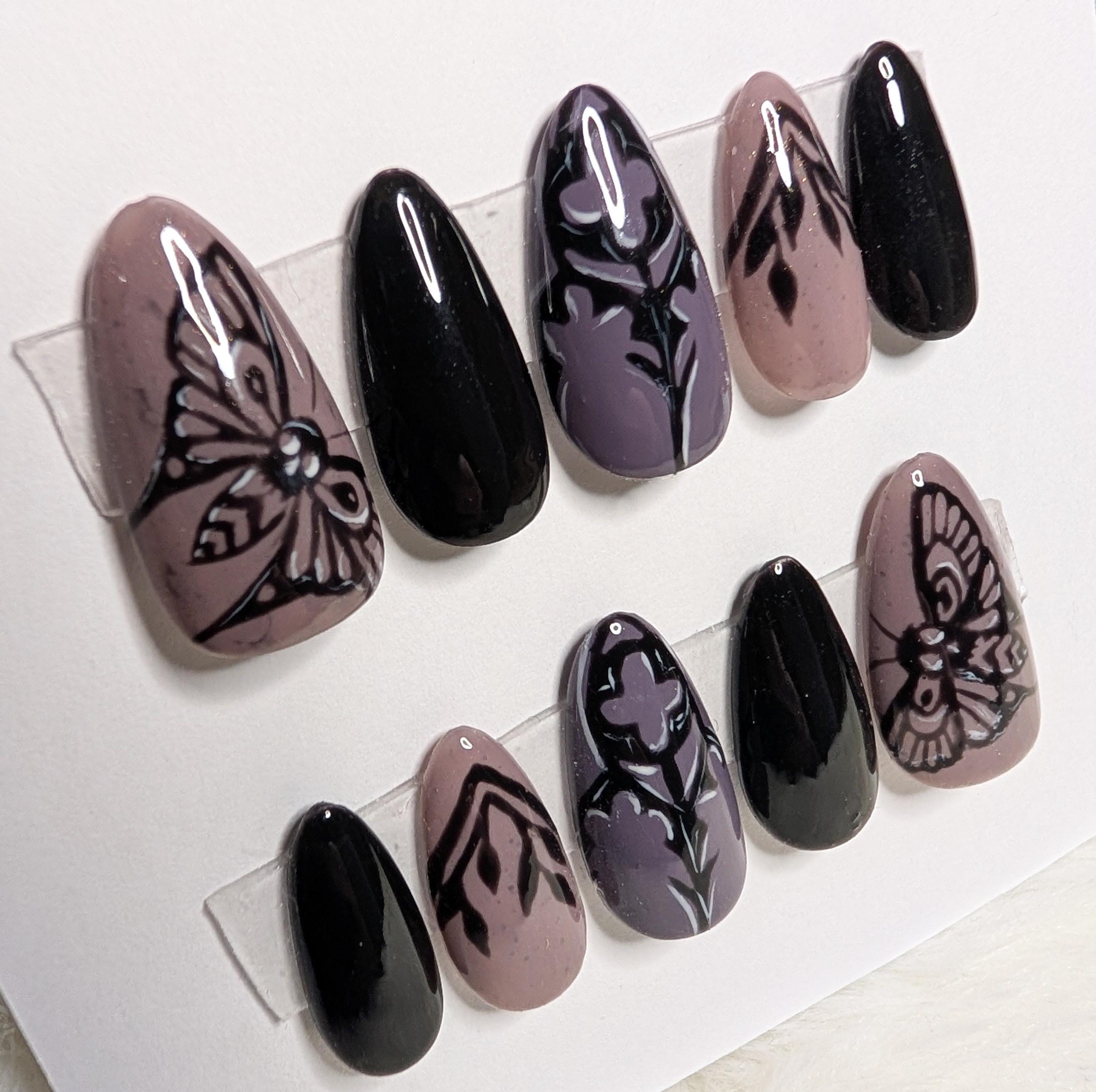 Gothic Moth Hand Painted Press on Nails | Fake Nails | Painted Reusable ...