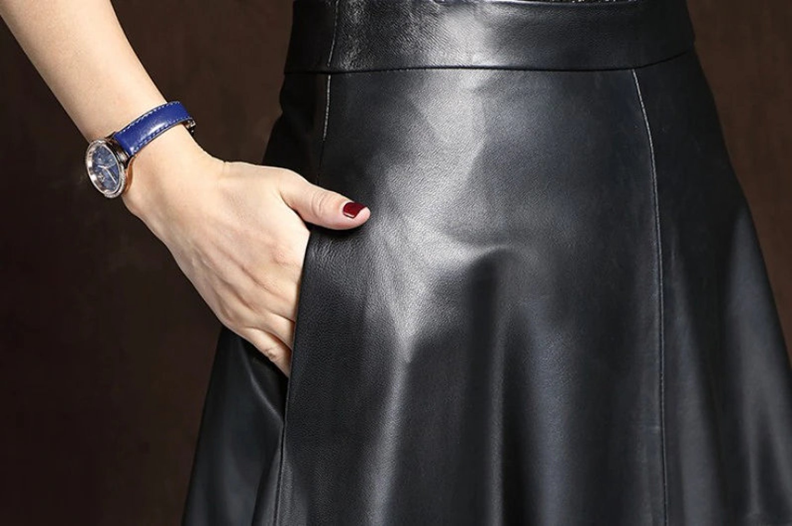 Leather A-line Silhouette Black Long Skirt, Elegant Women's Fashion Pocket Skirts With Pleated ...