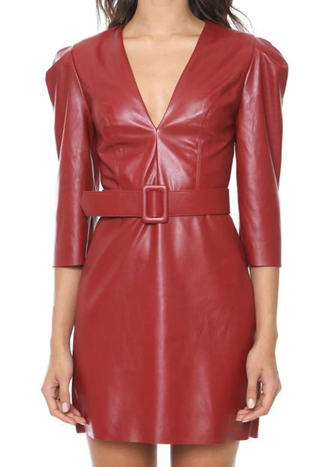 Red Leather Dress, Women's Soft Handmade Lambskin V Neckline Thigh ...