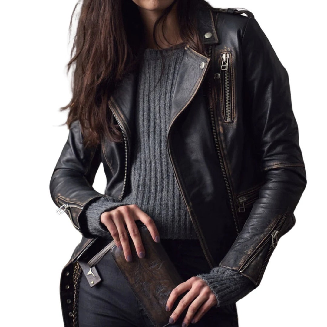 Women's Leather Jacket, Genuine Distressed Lambskin Leather Jacket ...