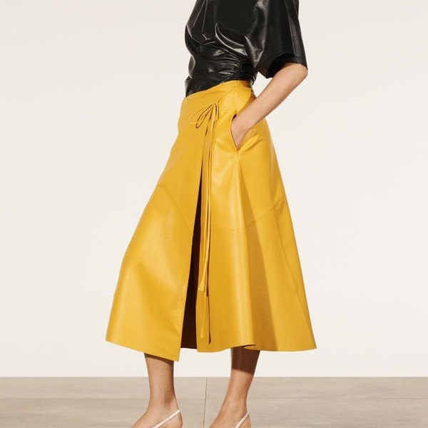 Women's Genuine Lambskin Handmade Black A-line Knee Length Leather Skirt Custom Made Plus Size ...