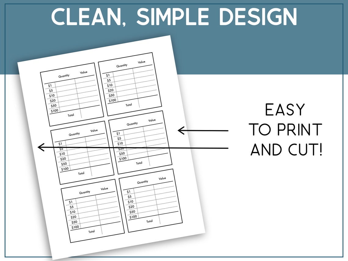 Printable Bank Teller Slips, Cash Breakdown Sheet, Cash Stuffing Budget ...