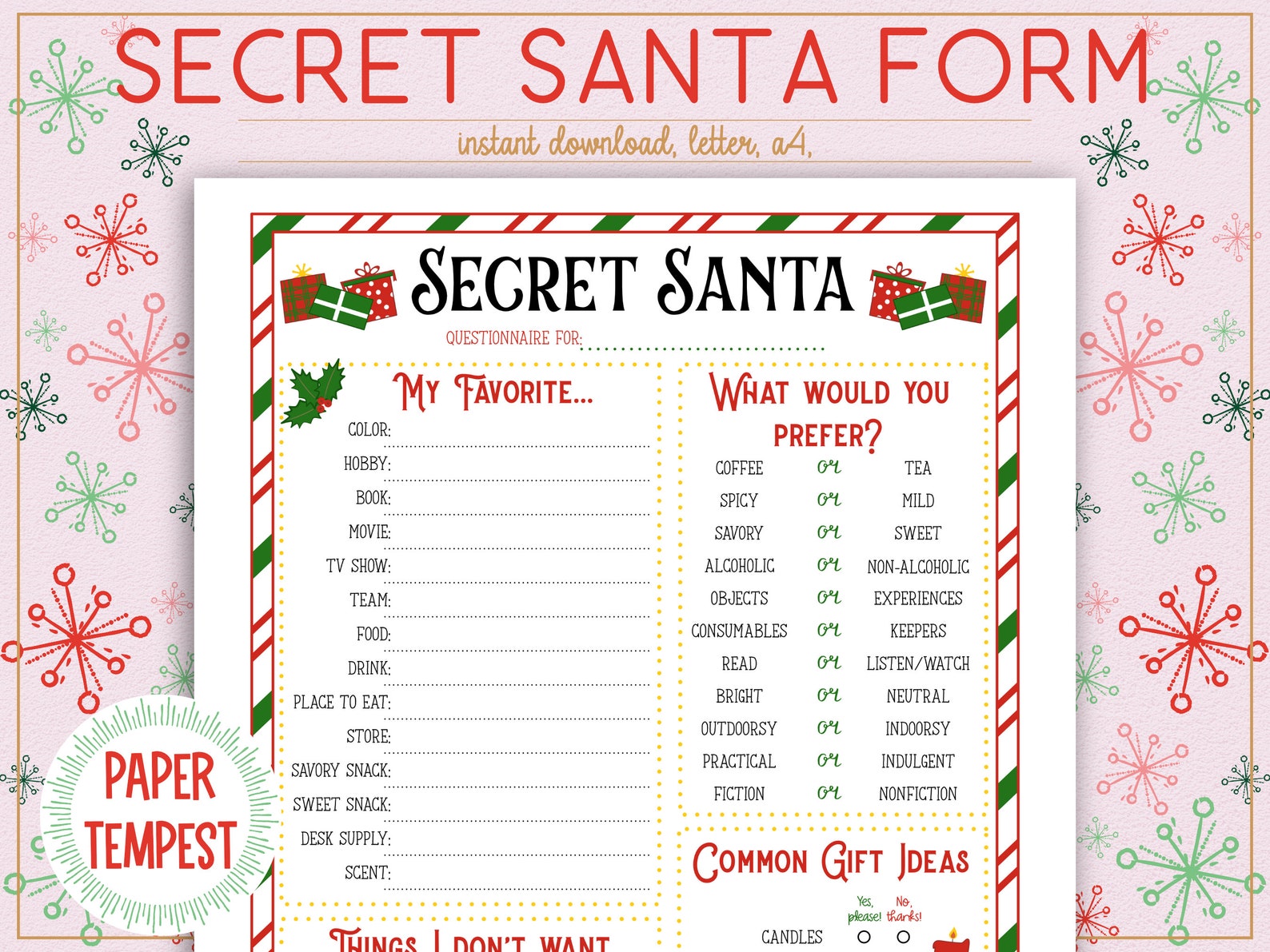 Printable Secret Santa Questionnaire, Secret Santa Template for Work ...