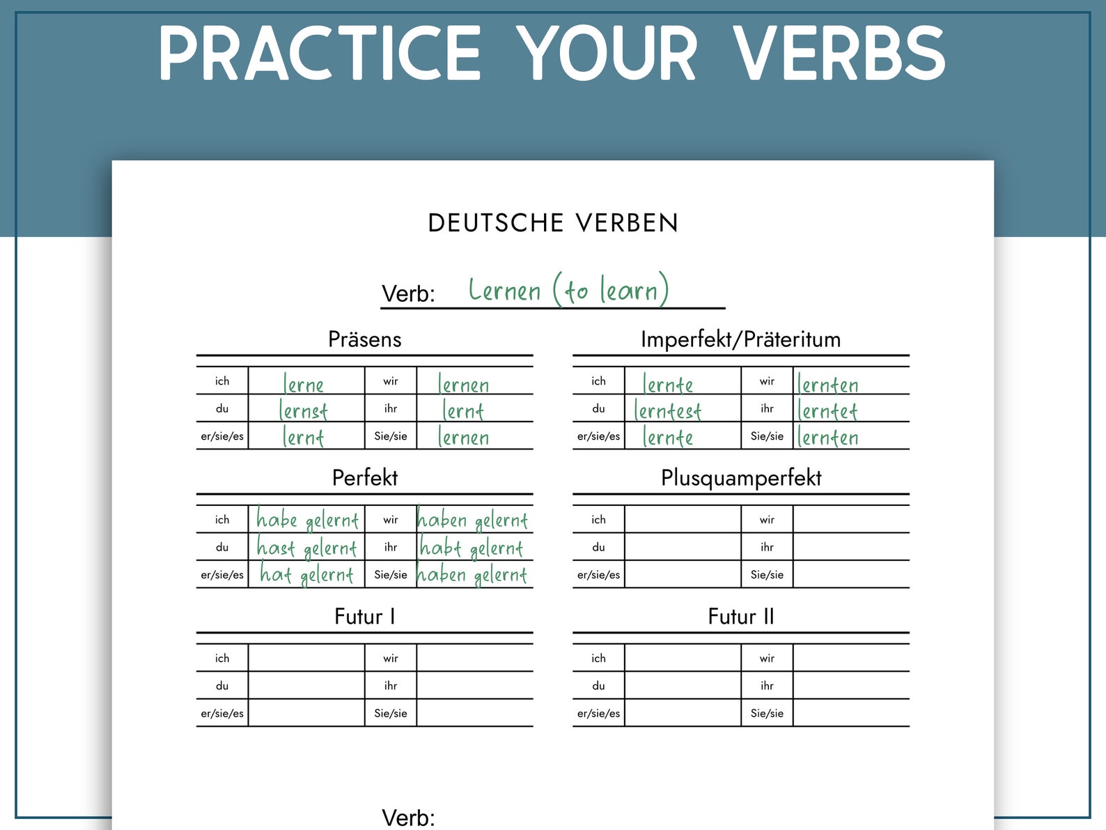 Printable German Verb Table Practice German Verb Conjugation - Etsy