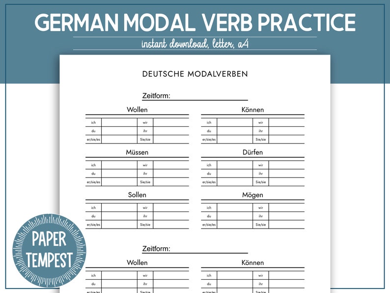 Printable German Verb Table Practice, German Verb Conjugation Worksheet ...