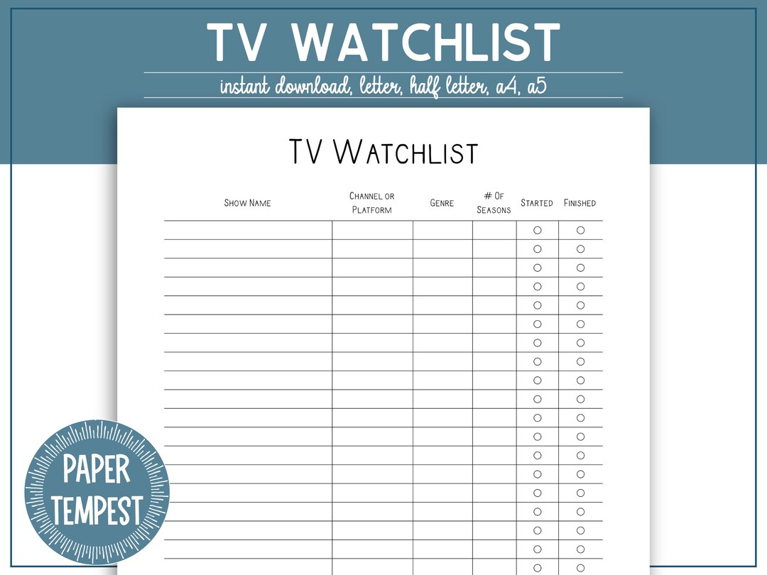 Printable TV Watchlist, TV Show Tracker, Television to Watch List ...