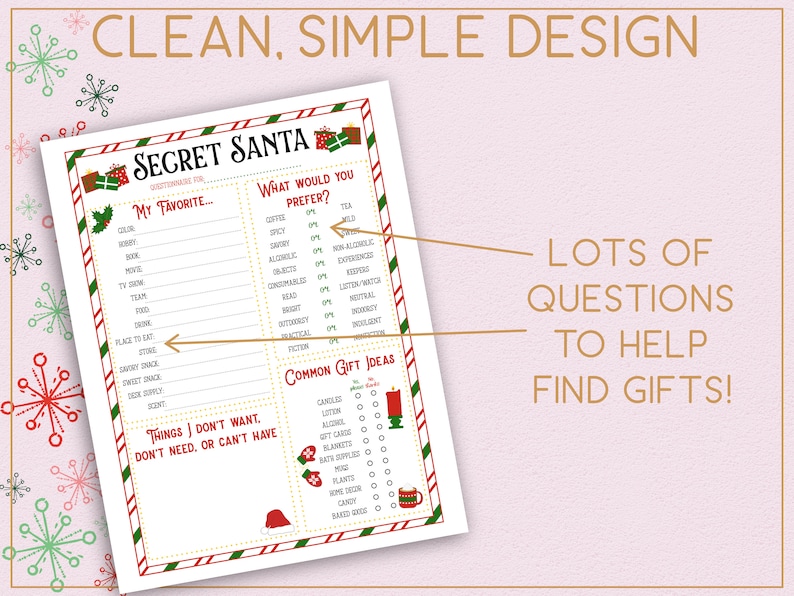 Printable Secret Santa Questionnaire, Secret Santa Template for Work ...