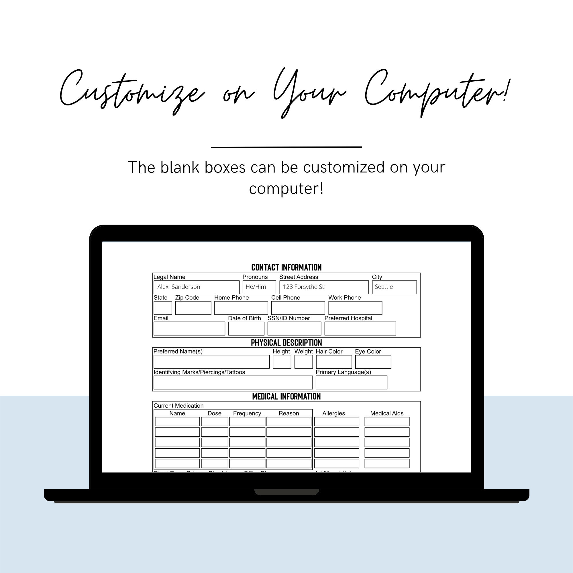 Emergency Medical Information Binder Page Download Health | Etsy