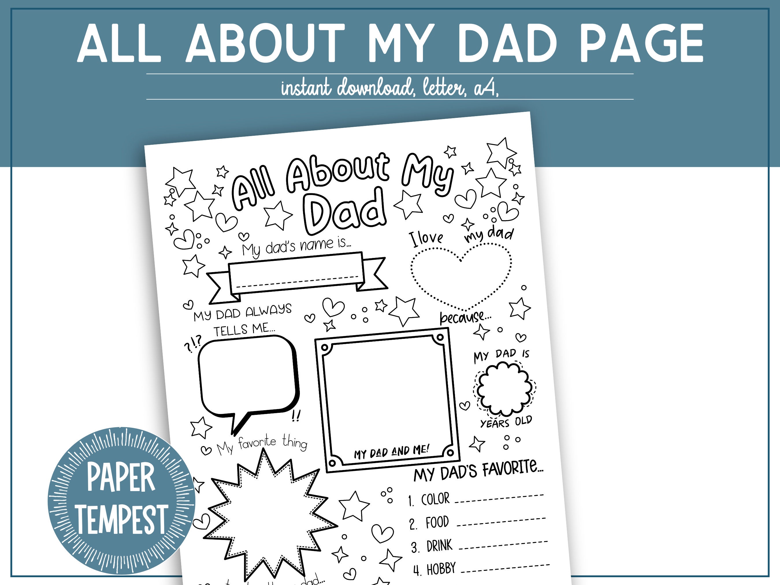 All About My Dad Coloring Page for Kids, Father's Day Gift Craft, DIY ...