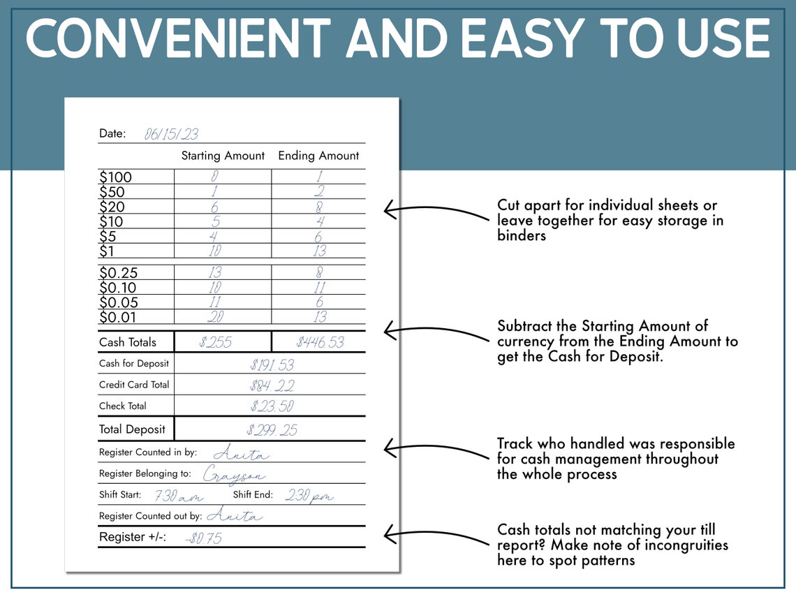 Printable Cash Register Balance Log, Cash Drawer Reconciliation Sheet ...