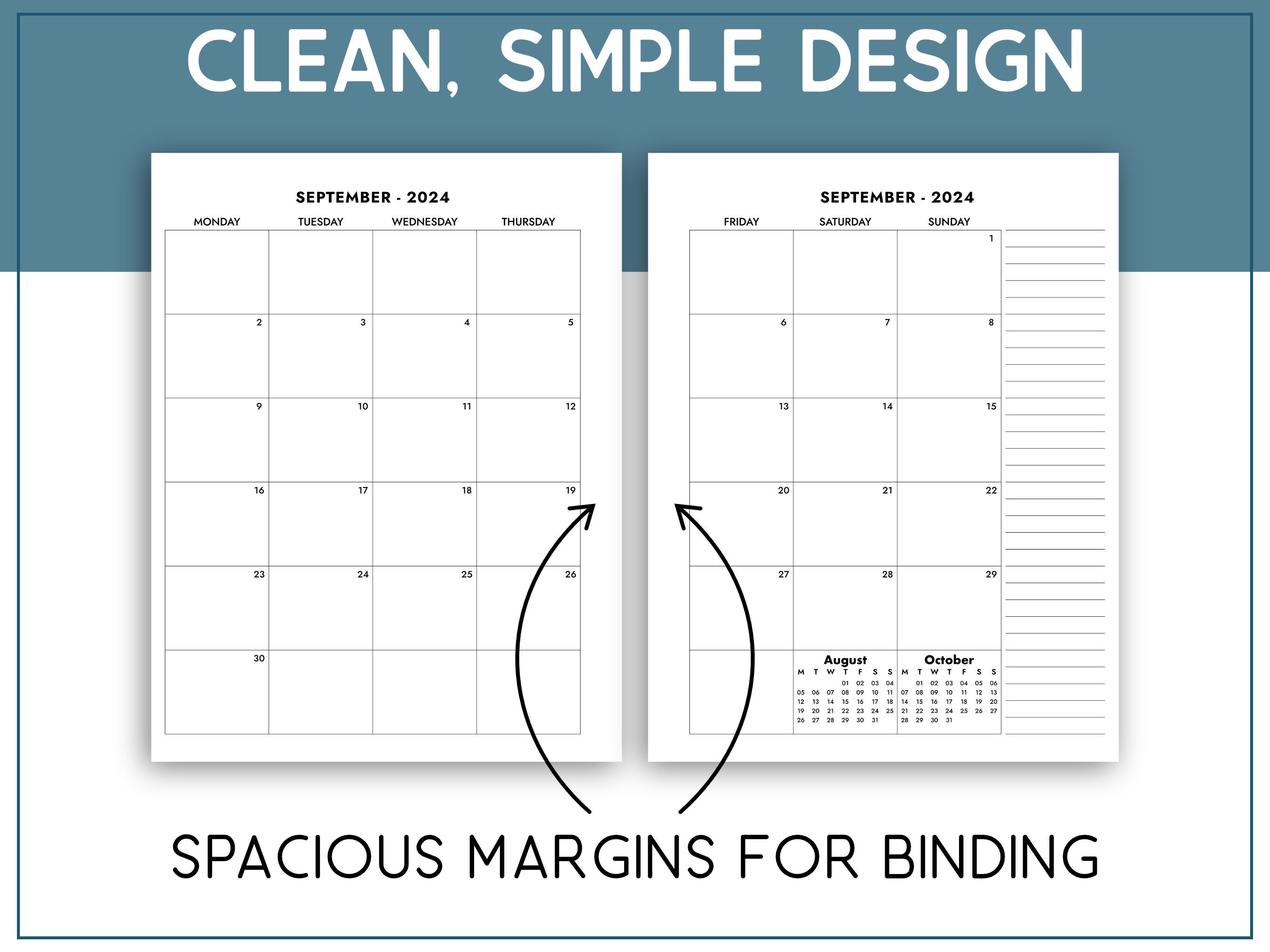 2024 Printable Calendar 2 Page Spread, Minimalist Monthly Calendar ...