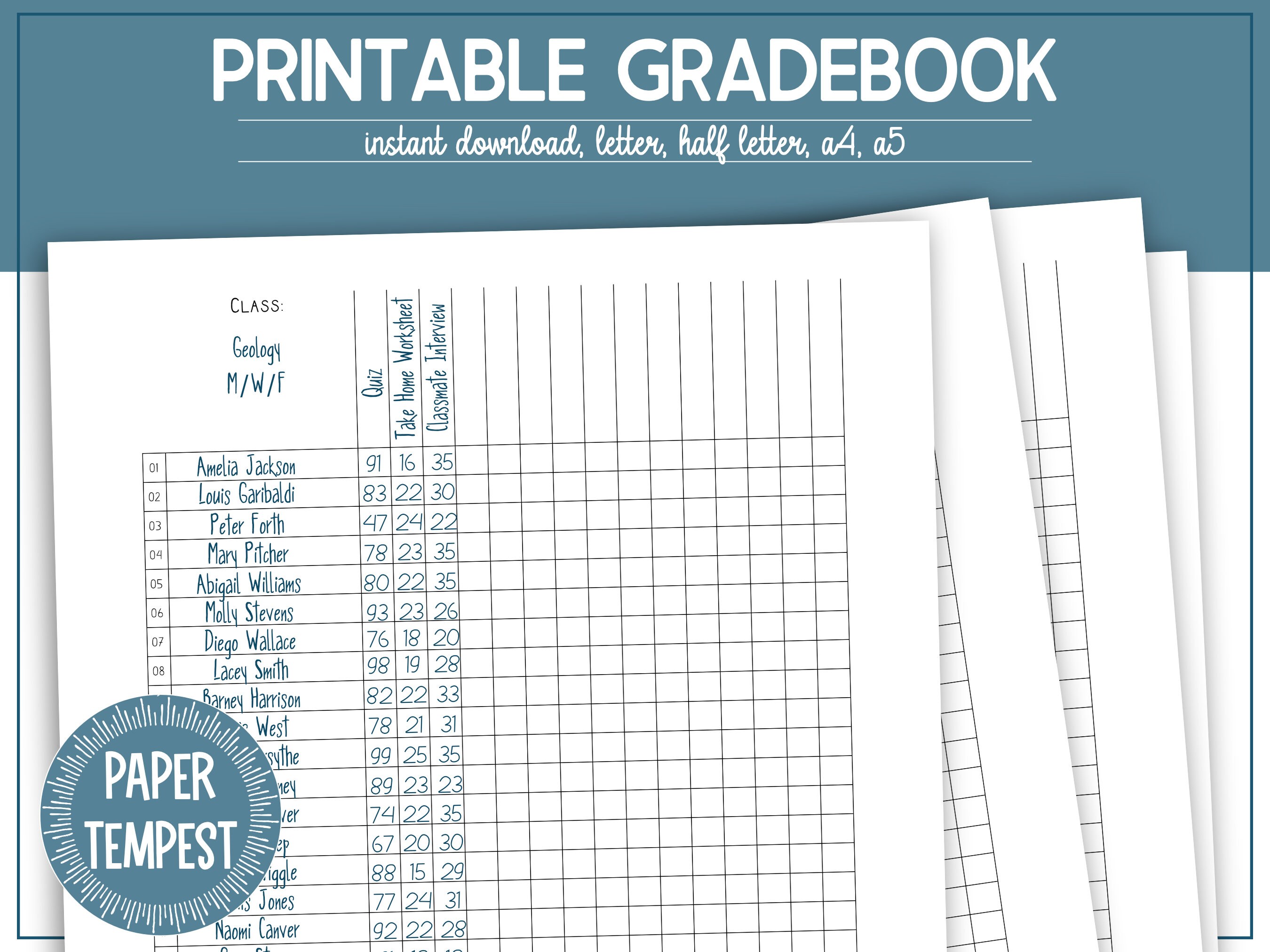 Printable Class Record Gradebook Template Teacher Grade Book 