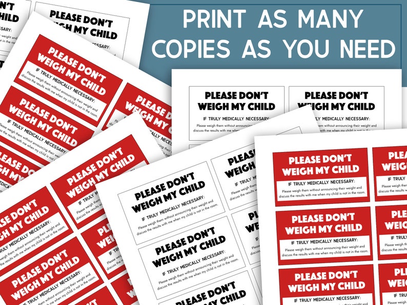 Printable Don't Weigh My Child Cards, Children's Decline to Be Weighed ...