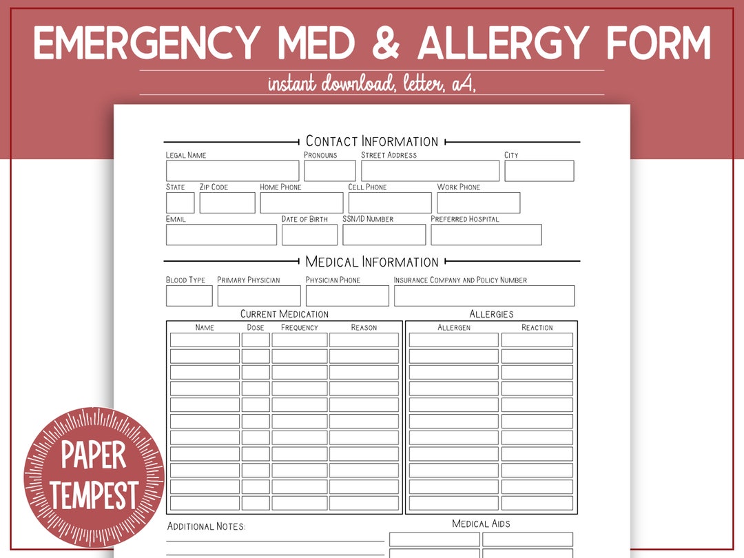 Printable Emergency Medication and Allergy Information Binder Page ...