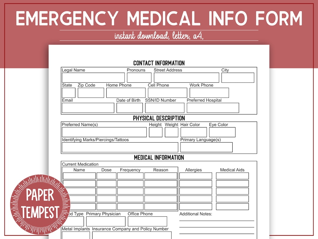 Emergency Medical Information Binder Page Download, Health Journal ...